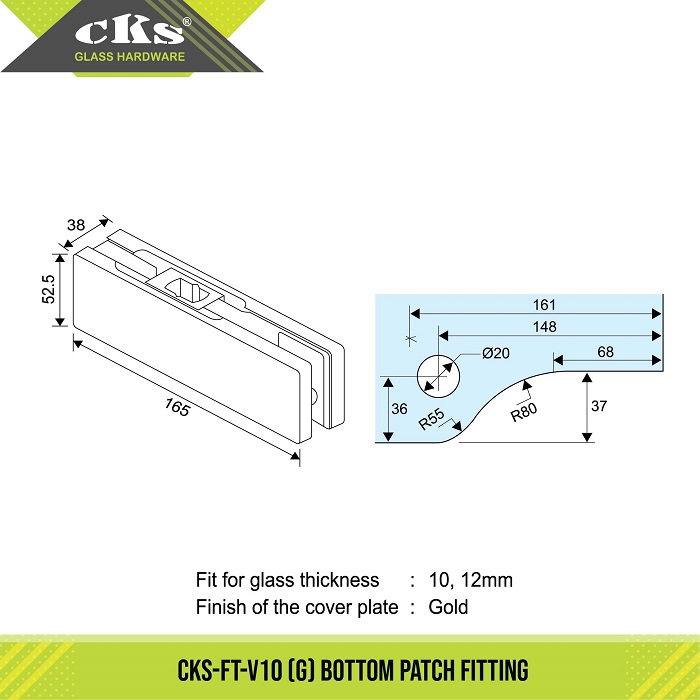 CKS Glass Hardware | CKS-FT-V10 (G) BOTTOM PATCH FITTING
